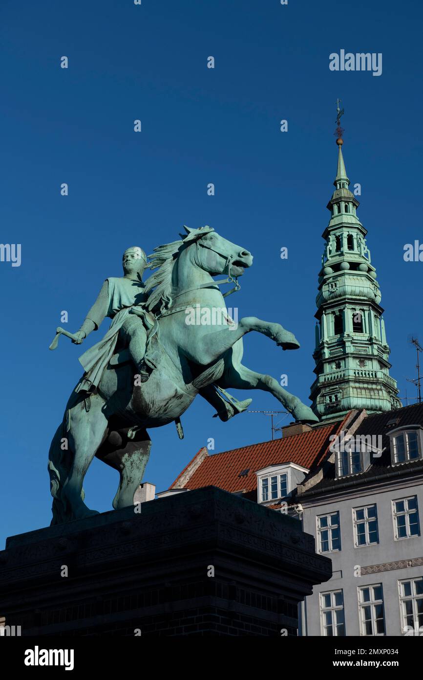 Equestrian statue of Bishop Absalon (founder of Copenhagen), with spire ...