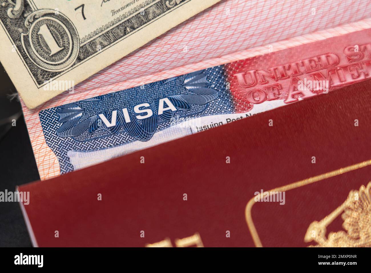 Close-up of the cover of a passport with a page with an American visa ...