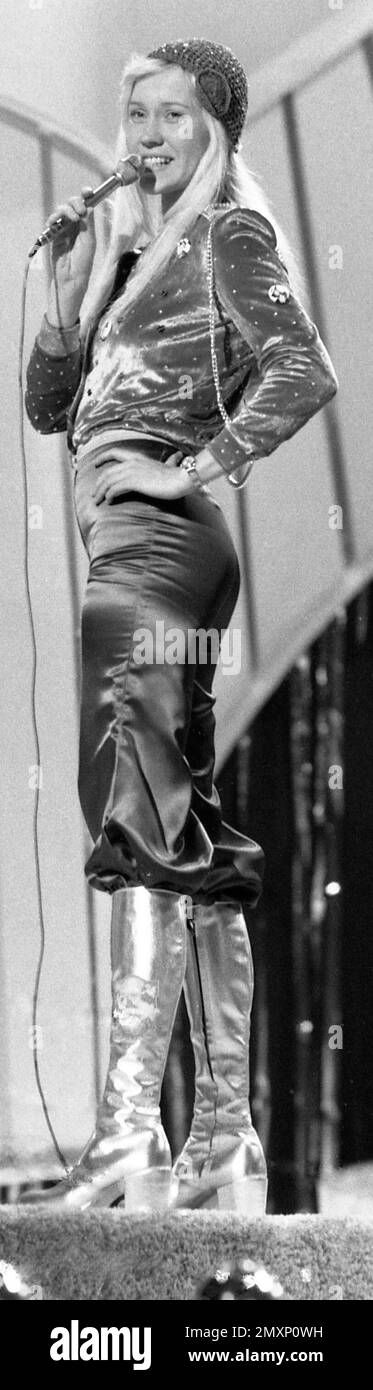 Agnetha Faltskog, from the Swedish pop group ABBA, sings during the ...