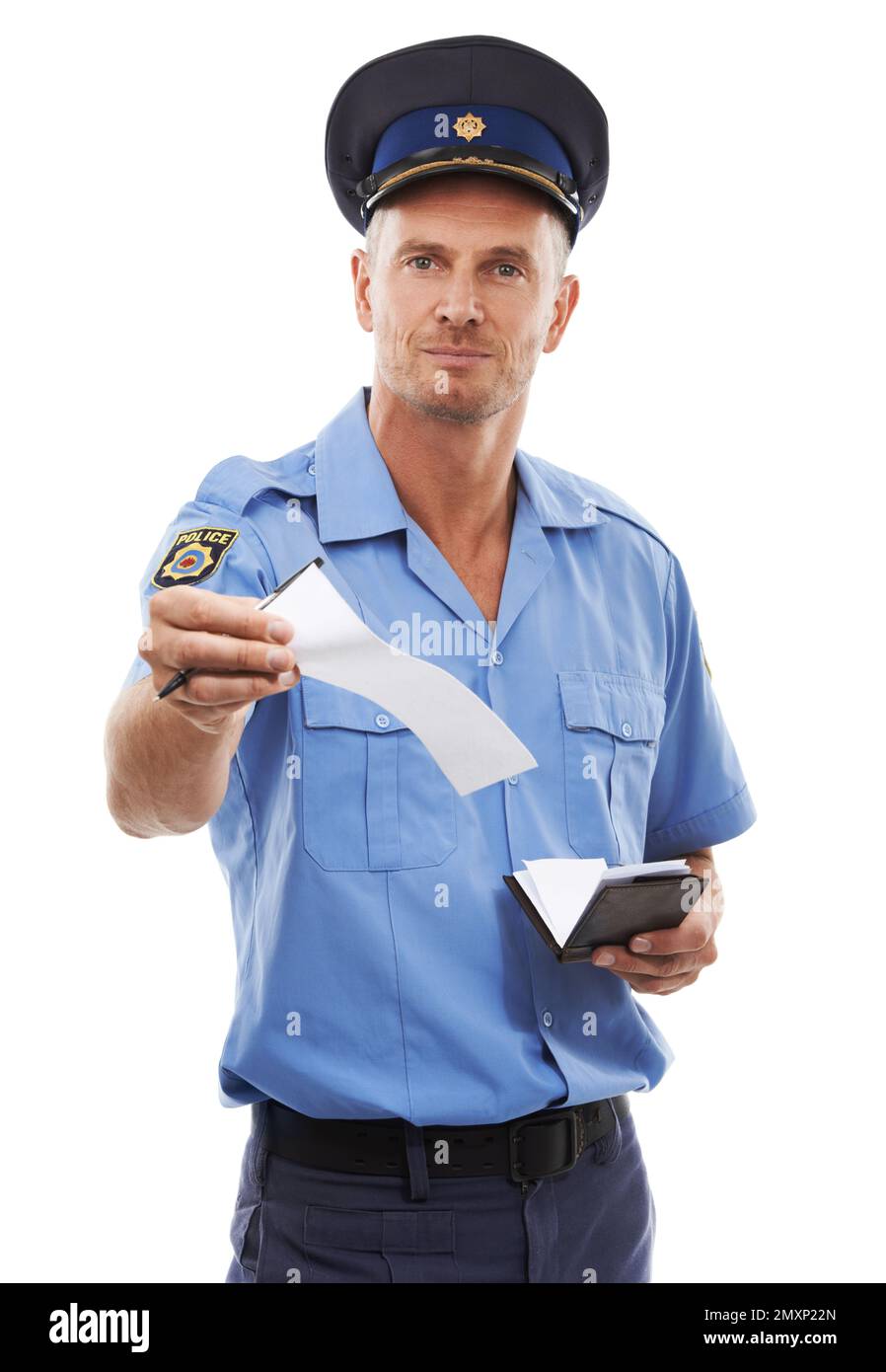 Law, portrait and police officer with a ticket for a crime isolated on ...