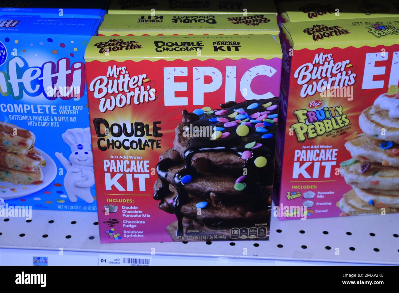 Mrs. Butterworth's Double Chocolate Pancake mix closeup on a shelf ...