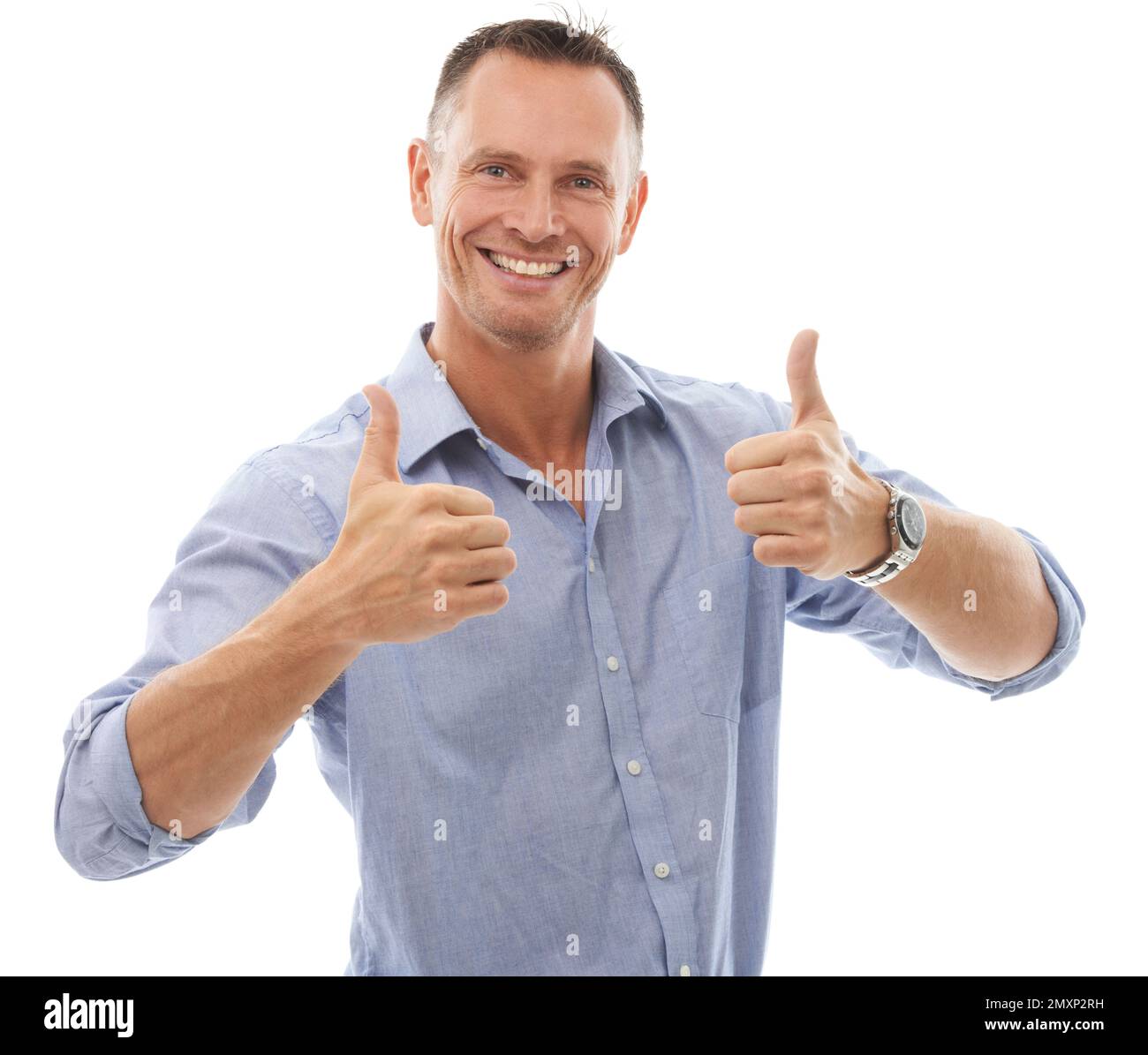 Portrait, thumbs up and business man in studio isolated on a white ...