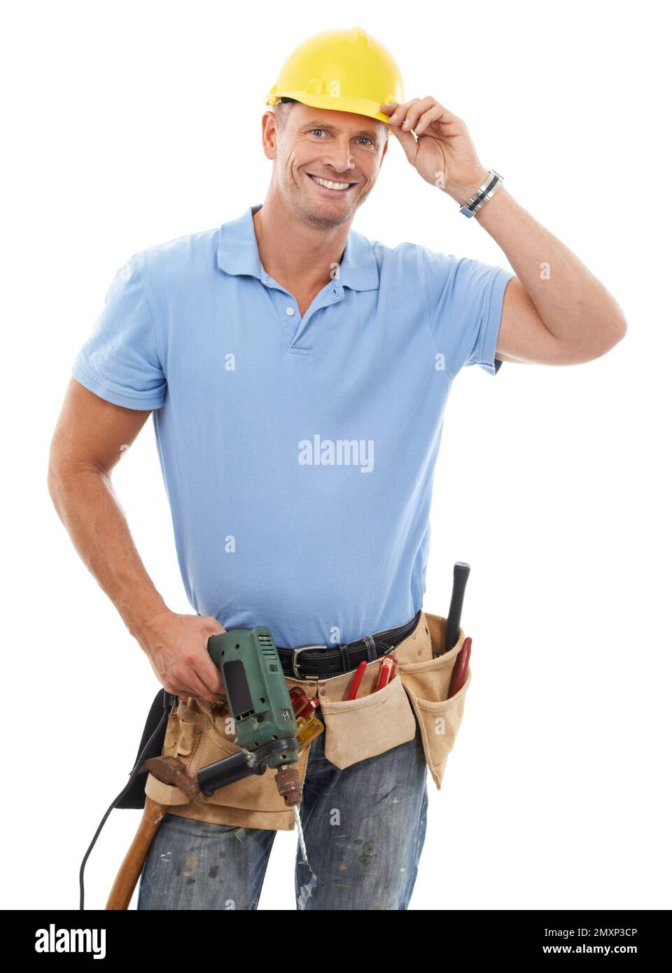 Tools, construction worker and portrait of man with ppe for engineering ...