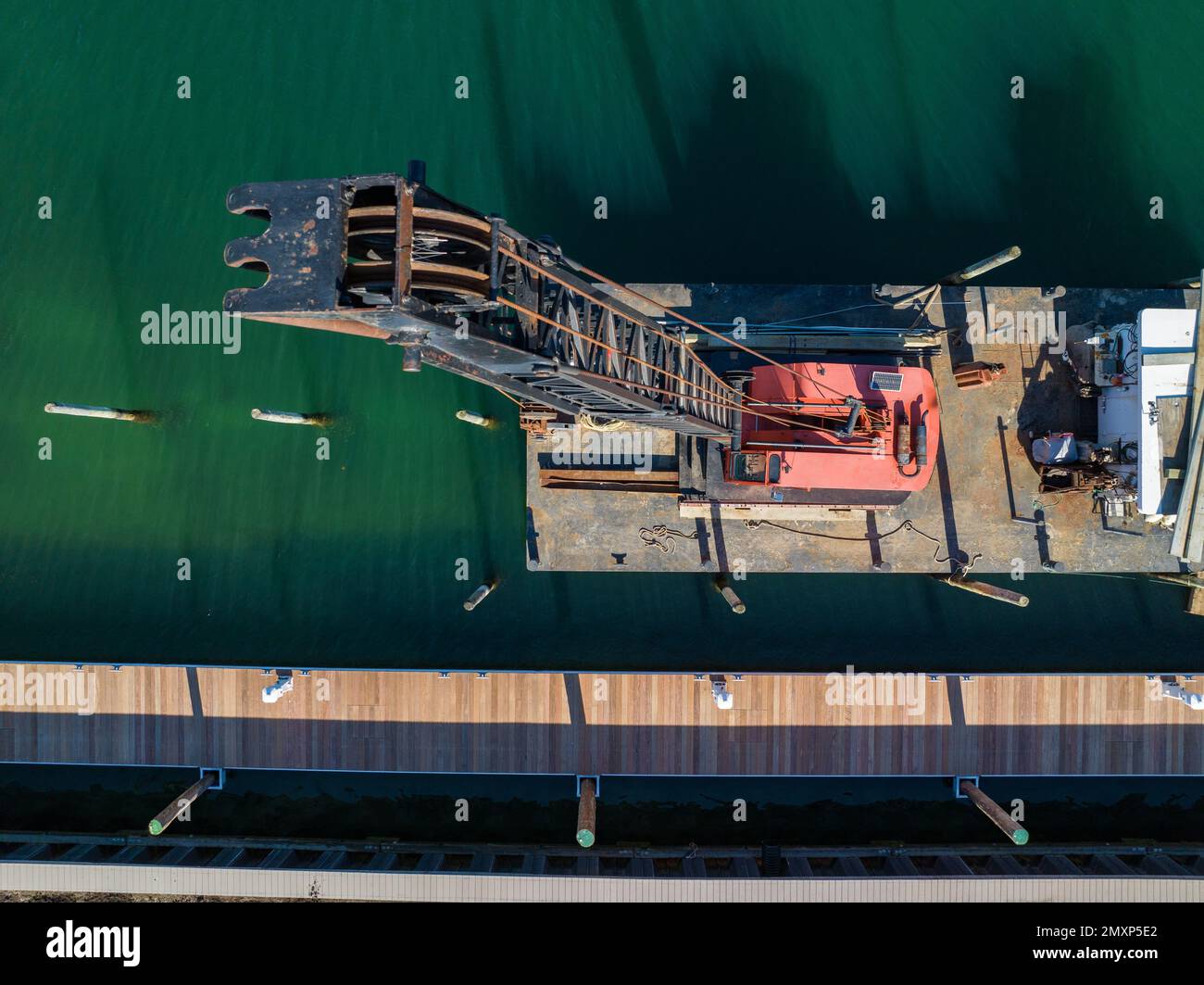 A top view of a crane on the docks of Long Island, New York, USA Stock ...