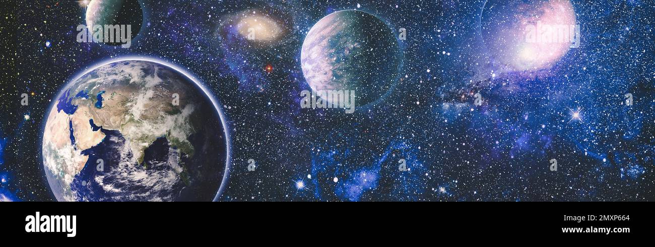 Earth and galaxies in space.Horizontal view for a glass panels ...