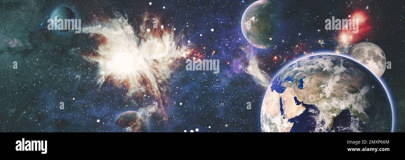 Earth and galaxies in space.Horizontal view for a glass panels ...