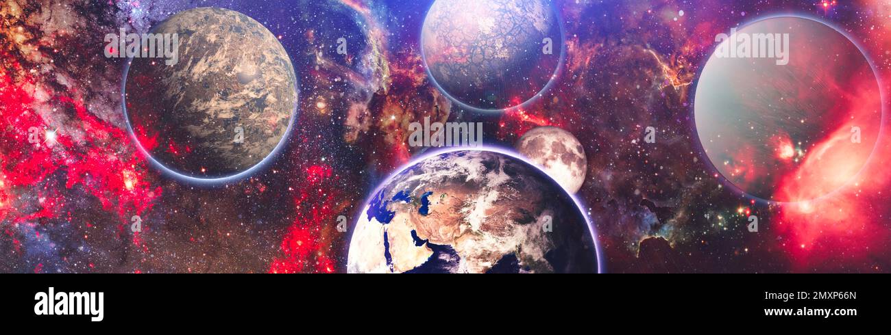 Panorama view universe space. Cosmic landscape, Planet Earth from space ...