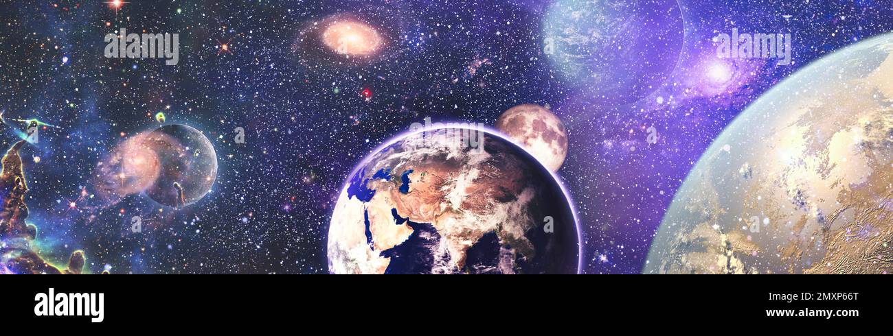 Panorama view universe space. Cosmic landscape, Planet Earth from space ...