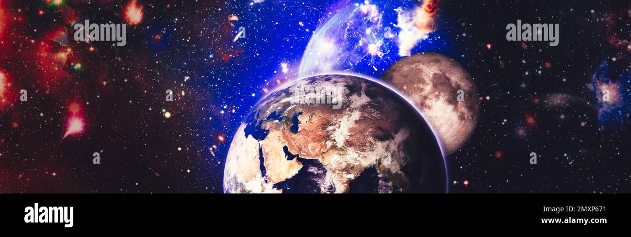Panorama view universe space. Cosmic landscape, Planet Earth from space ...