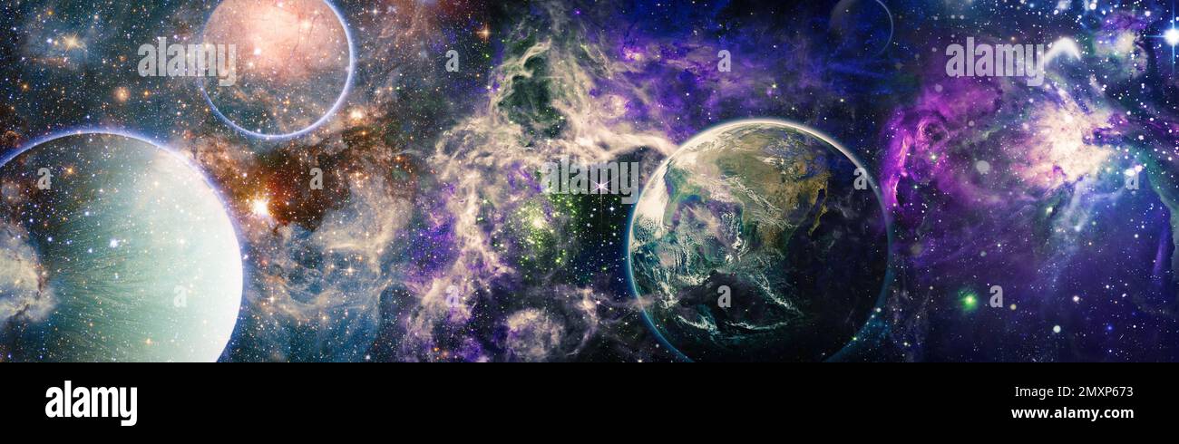 Earth and galaxies in space.Horizontal view for a glass panels ...