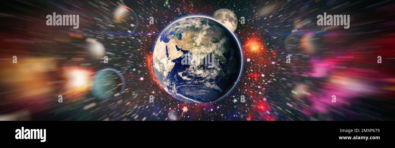 Earth and galaxies in space.Horizontal view for a glass panels ...