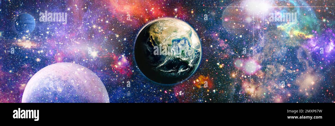 Earth and galaxies in space.Horizontal view for a glass panels ...