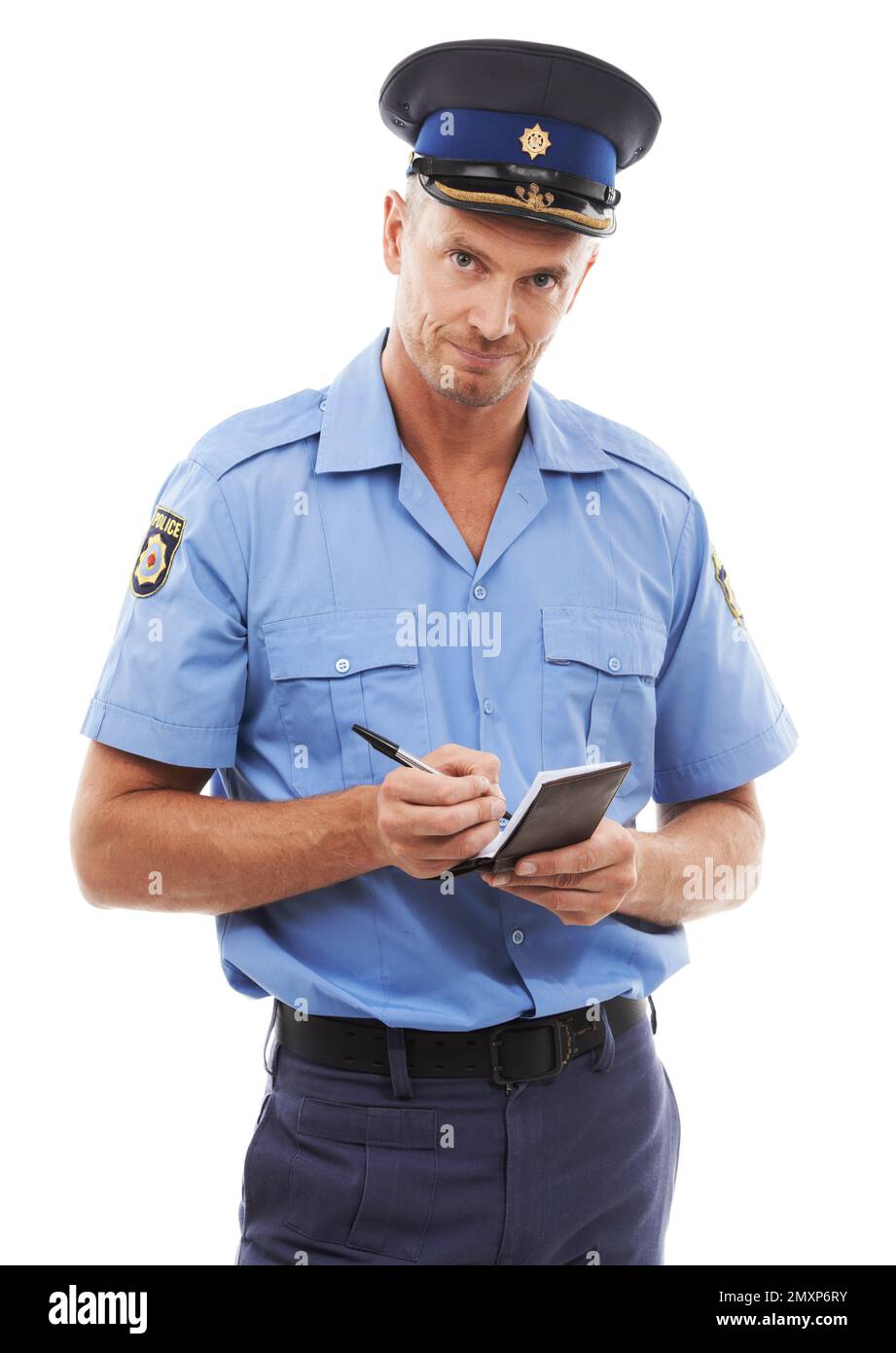 Parking fine, writing ticket and portrait of police on white background ...