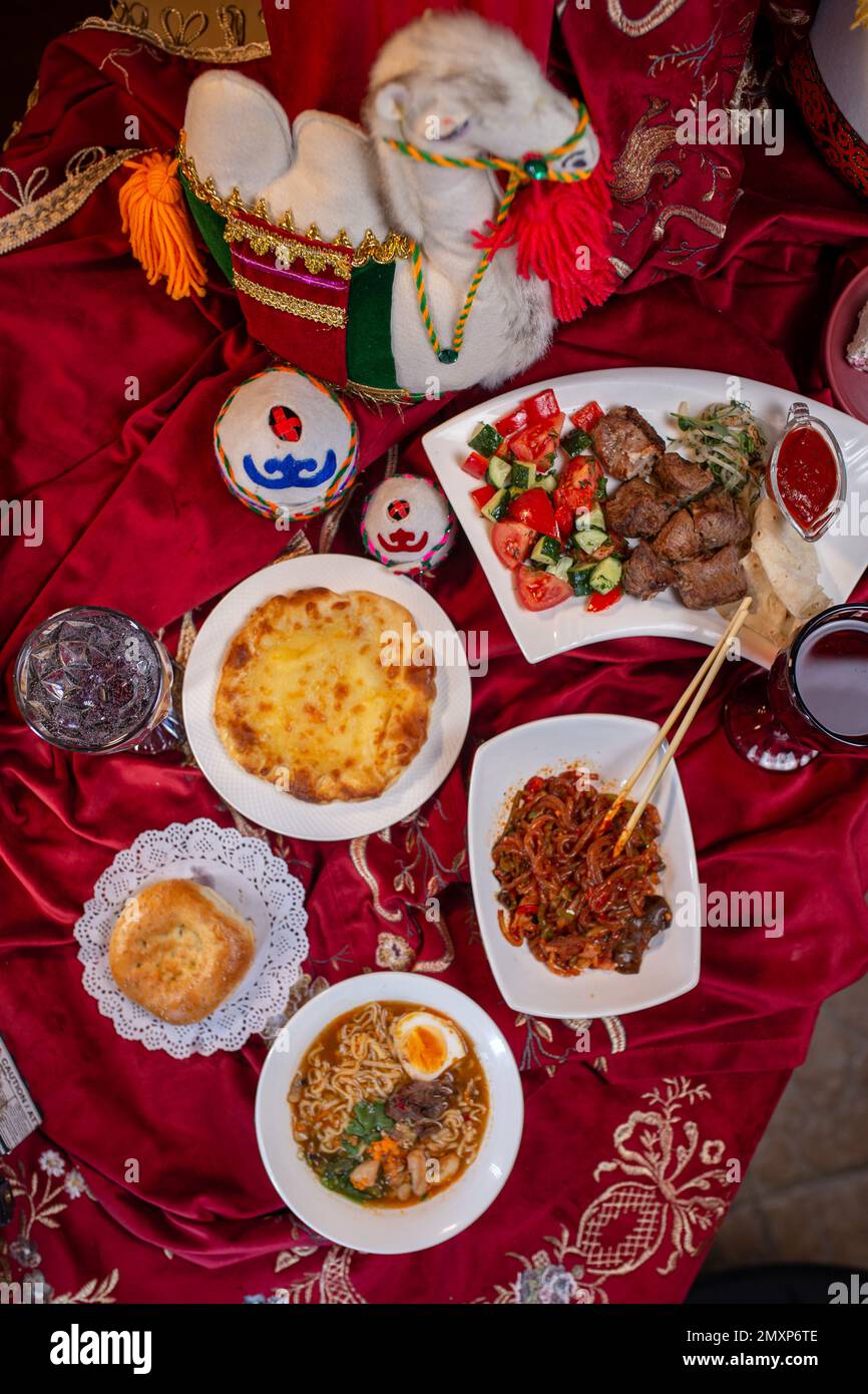 Traditional Kazakh cuisine. view from above. a family table of ...