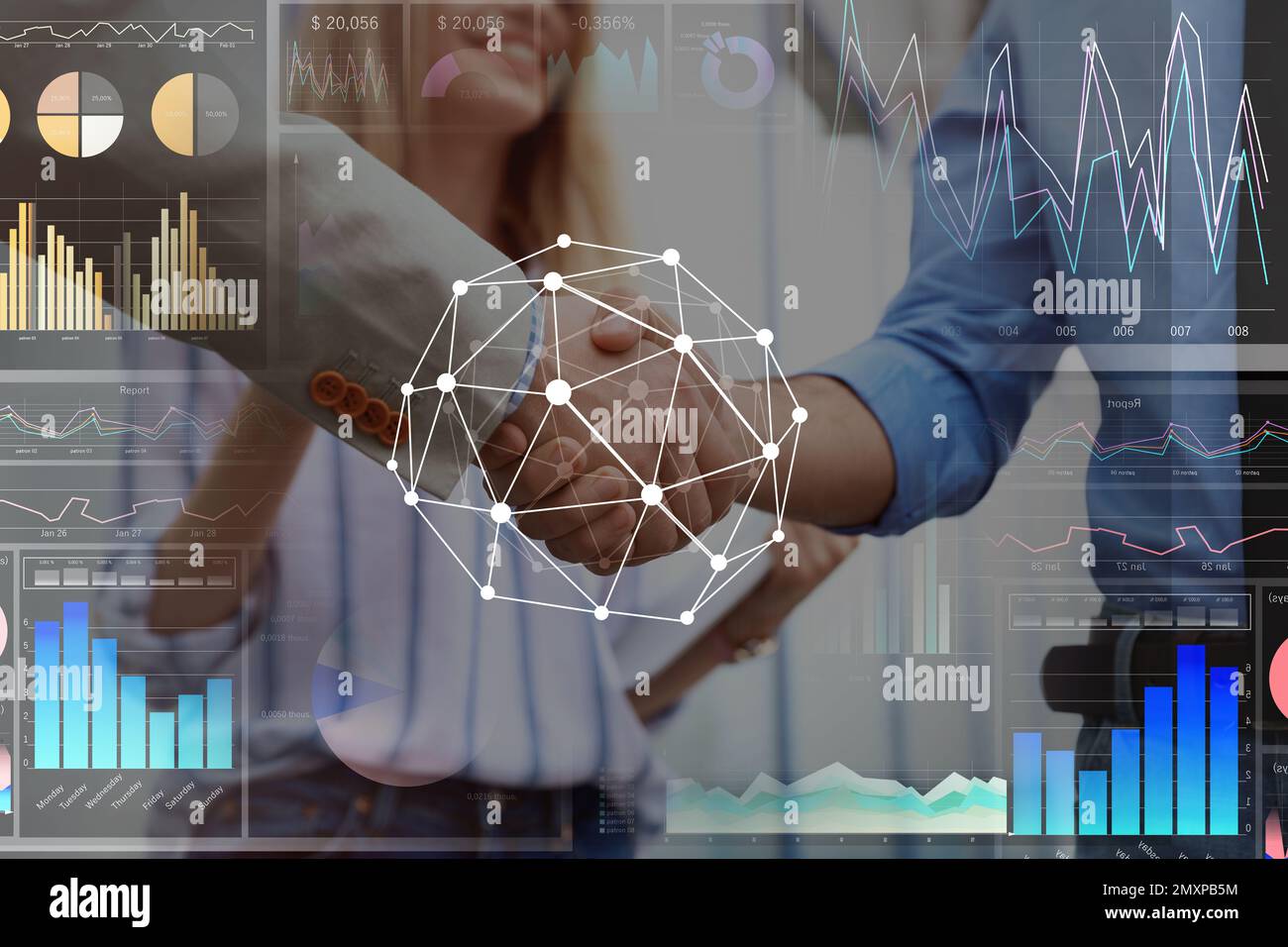 Business people shaking hands and network connection lines, closeup ...