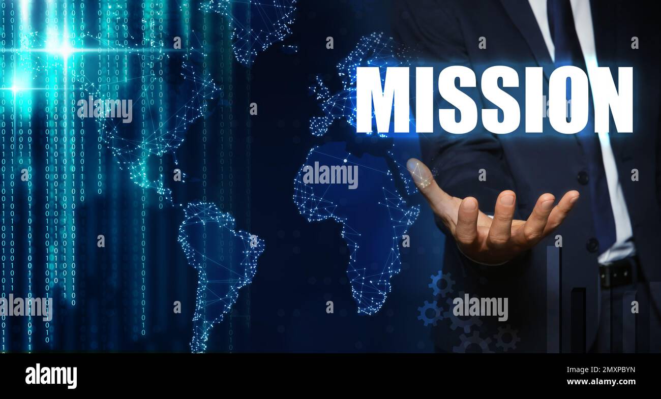 Mission concept. Businessman and digital world map with binary code on ...