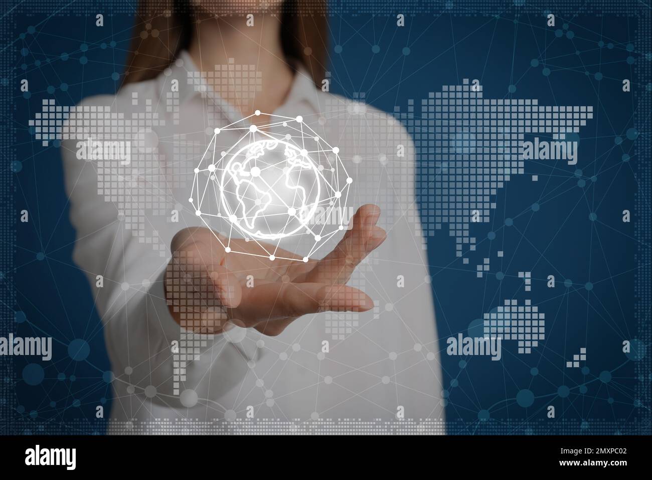 Young woman demonstrating world globe with network connection lines on ...