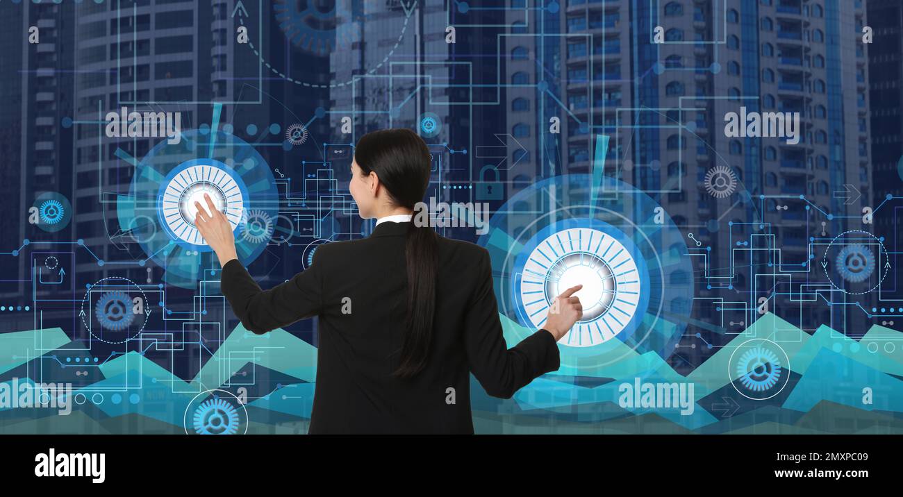 Young woman and digital schemes. Modern technology Stock Photo - Alamy