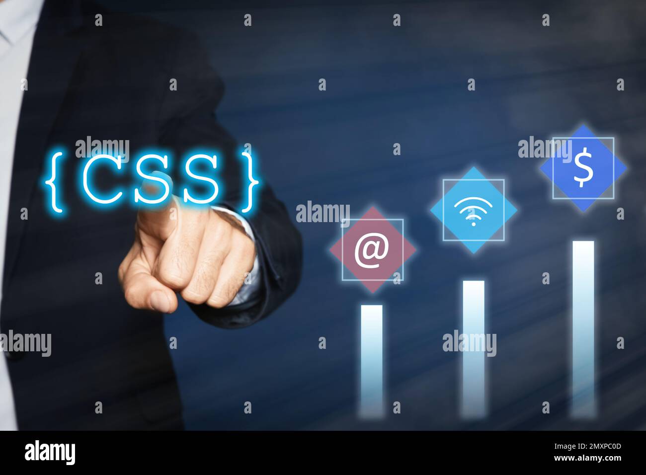 Web development. Man using button CSS on virtual screen, closeup Stock Photo - Alamy