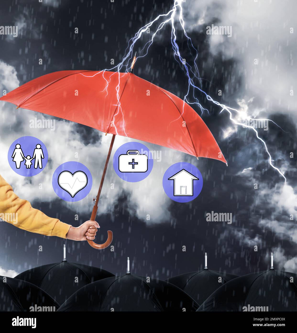 Insurance agent covering illustrations with red umbrella during storm ...
