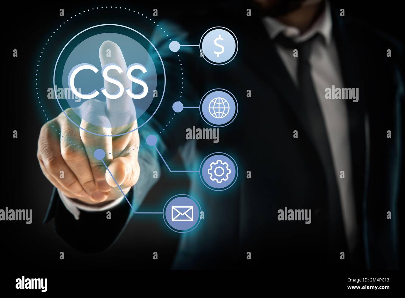 Web development. Man using button CSS on virtual screen, closeup Stock Photo - Alamy