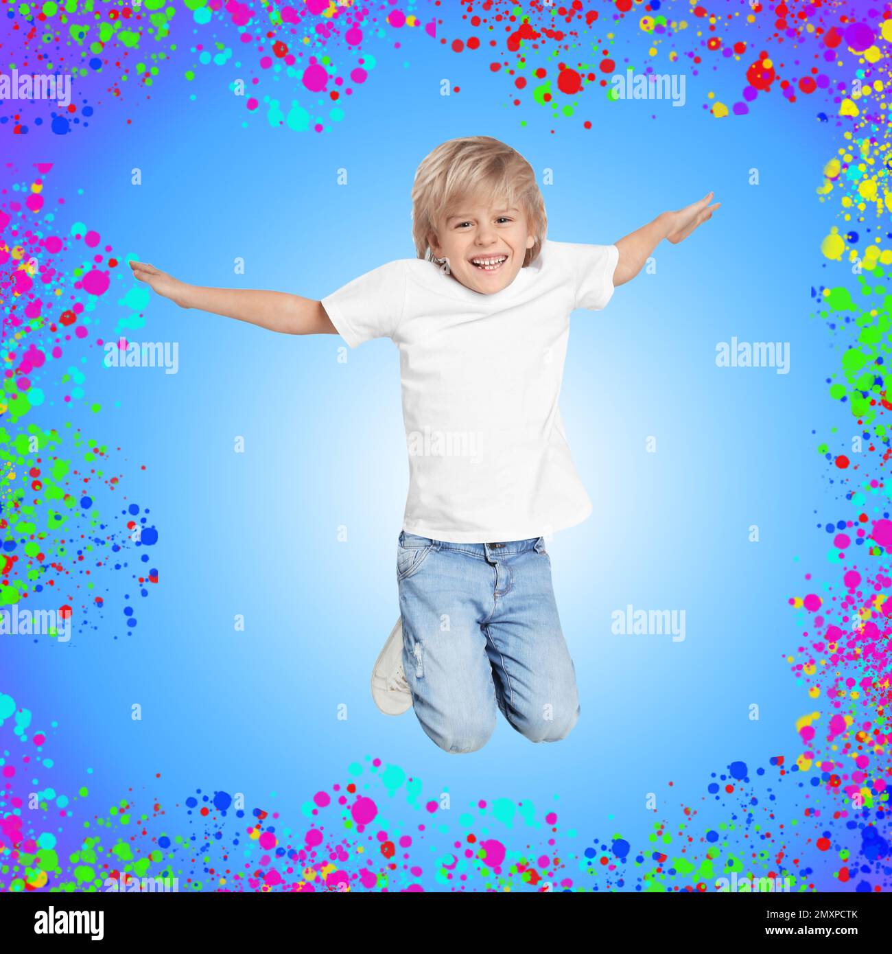 Happy little boy jumping on colorful background. School holidays Stock ...
