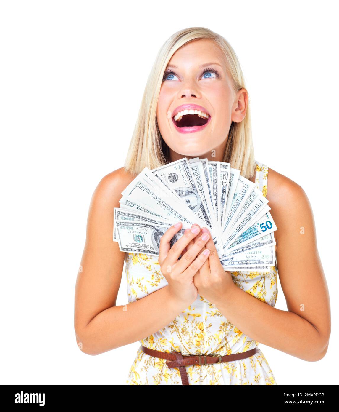 Winner, money and surprise of woman with dollars in studio isolated on ...