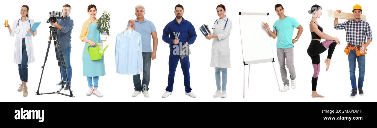 Collage with people of different professions on white background ...