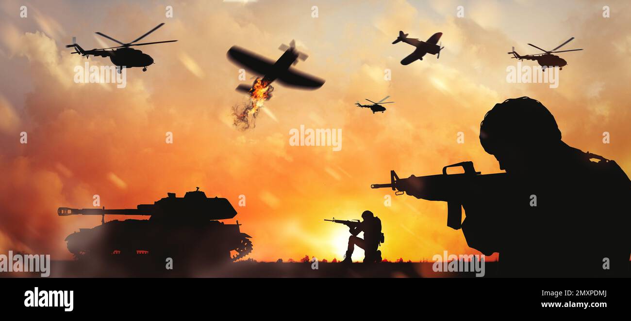 Troops on battlefield at sunset. Military service Stock Photo - Alamy