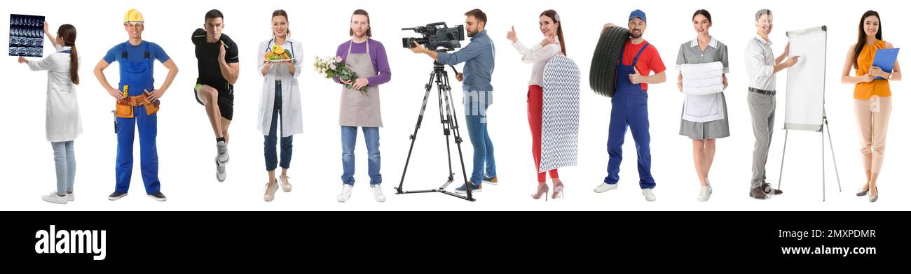 Collage with people of different professions on white background ...