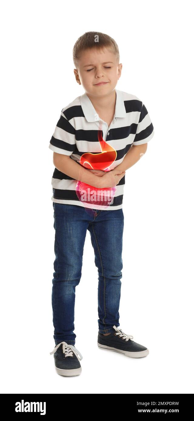 Little boy suffering from stomach pain on white background Stock Photo ...