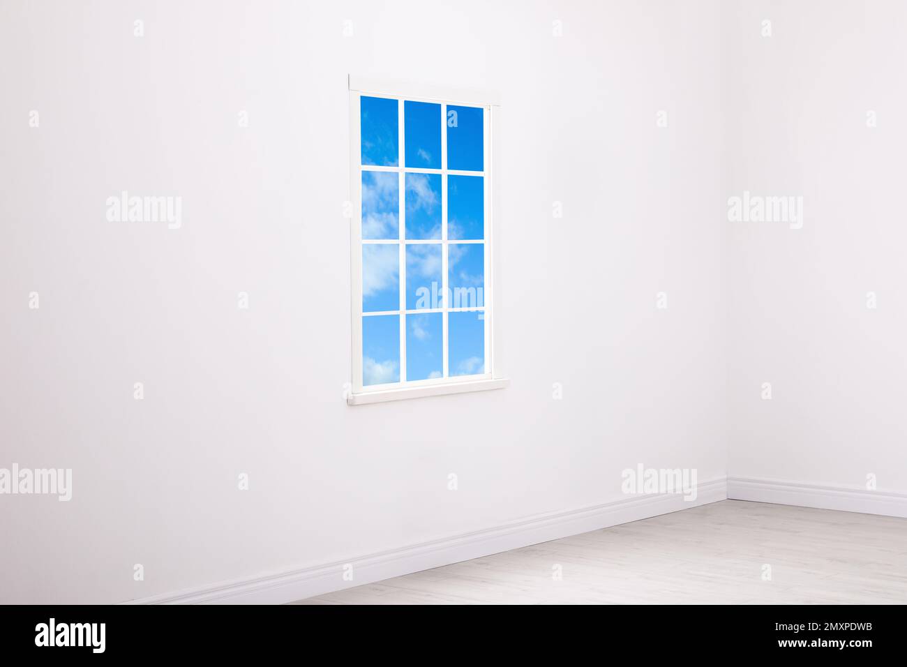 Beautiful view on blue sky with clouds through window in room Stock ...