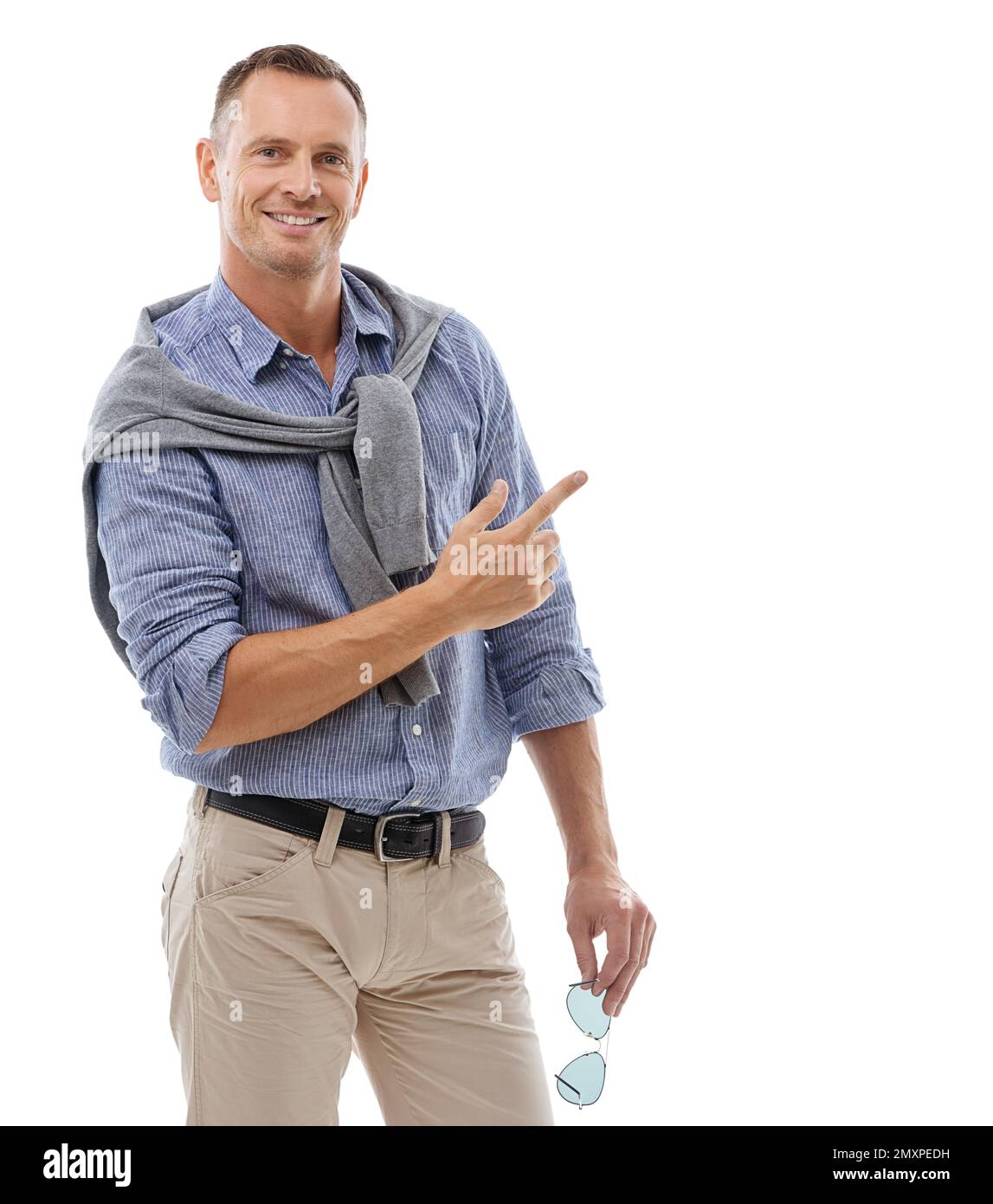 Man, portrait and pointing for product placement standing isolated ...