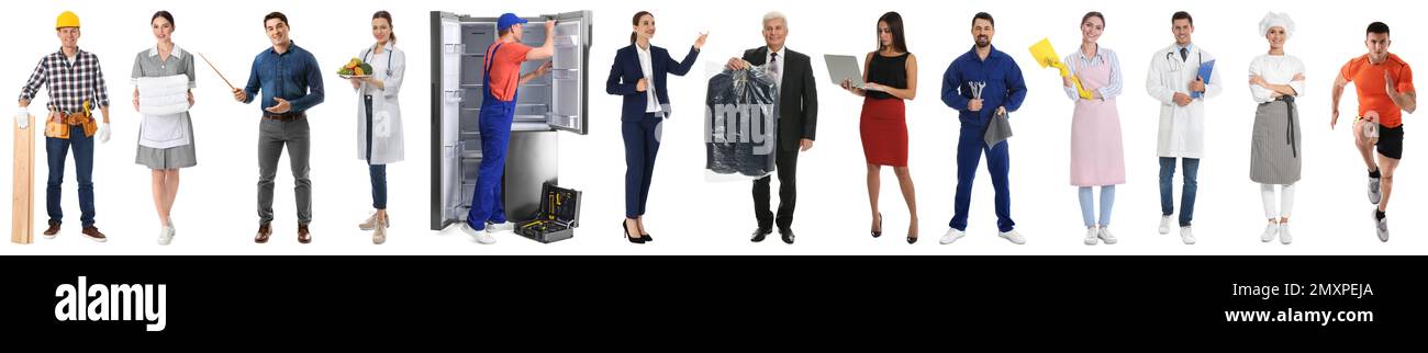 Collage with people of different professions on white background ...