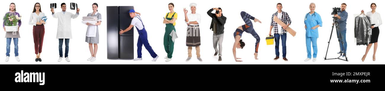 Collage with people of different professions on white background ...