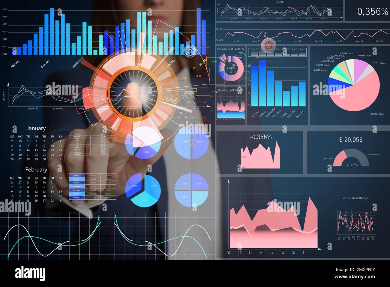 Young woman pointing at digital graphics, closeup. Modern technology ...