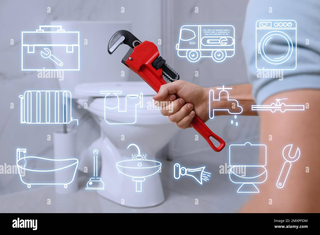 Sanitary engineering service. Professional plumber holding pipe wrench ...