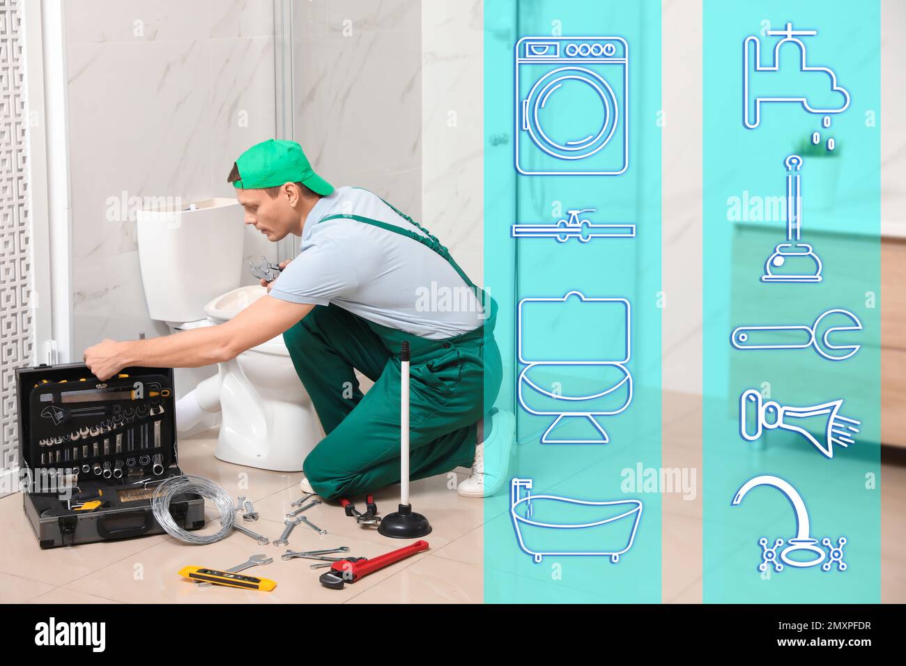 Sanitary engineering service. Professional plumber repairing toilet ...