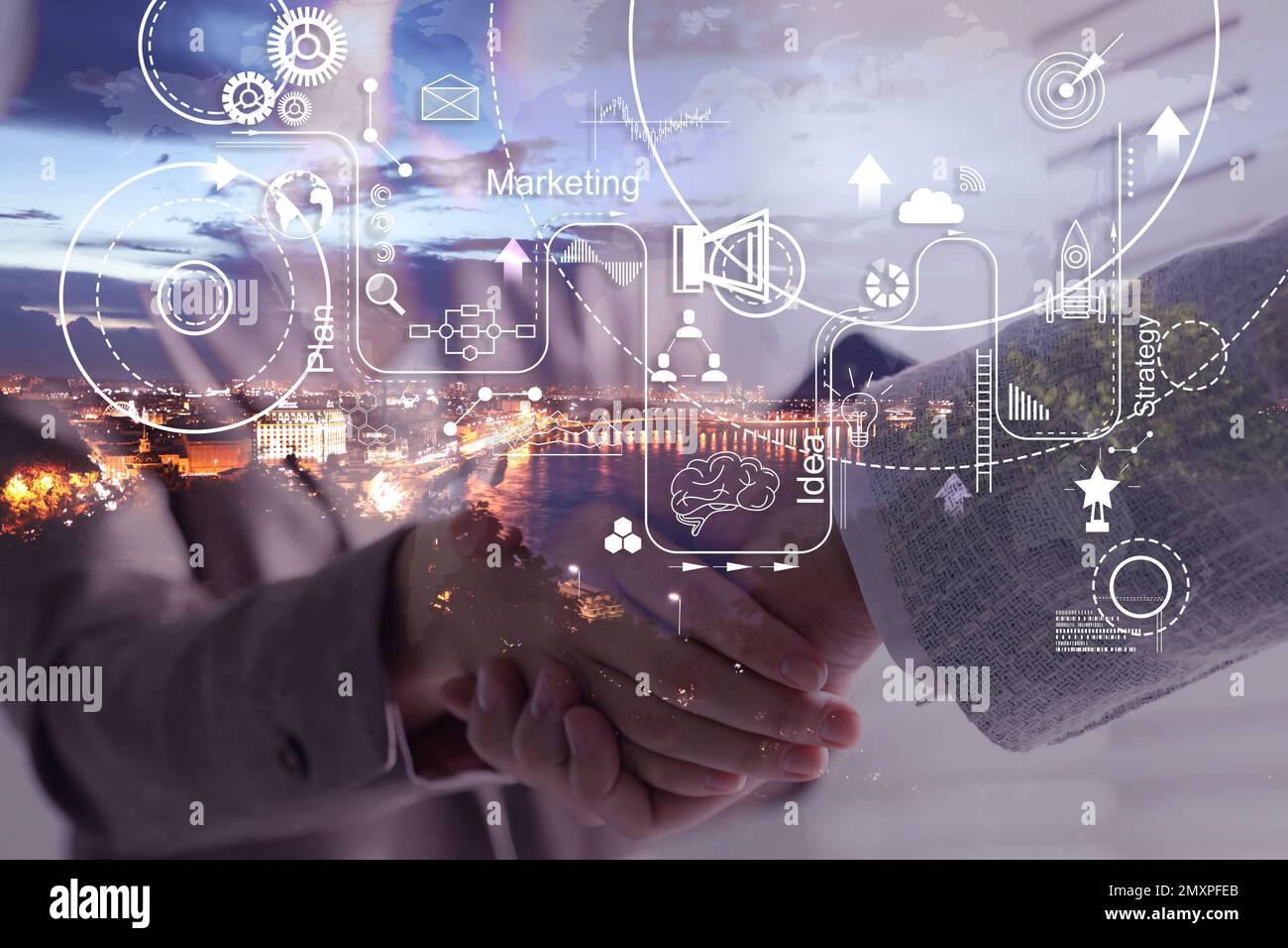 Multiple exposure of scheme, cityscape and businesspeople shaking hands ...
