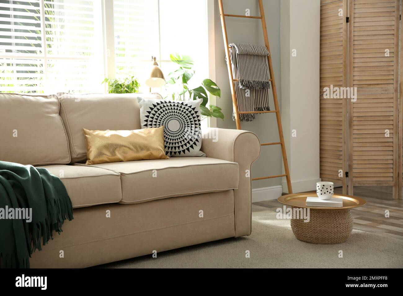 Stylish beige sofa in modern living room interior Stock Photo - Alamy