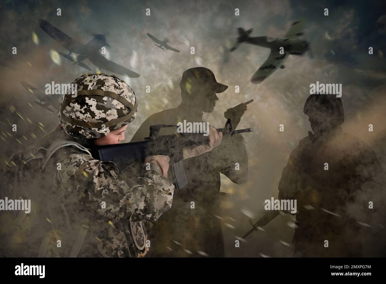 Soldiers and planes in combat zone. Military service Stock Photo - Alamy