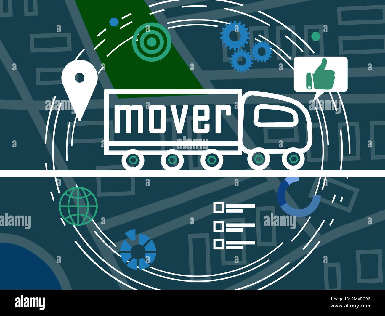Movers service. Illustration of truck, map and different icons Stock ...