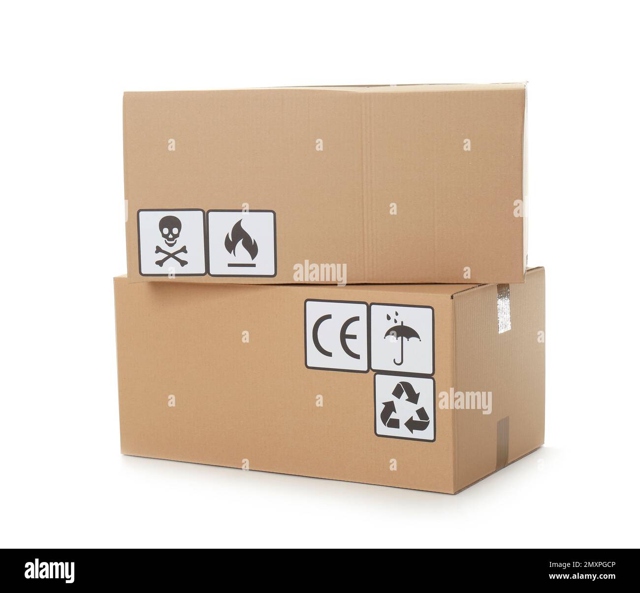 Cardboard boxes with different packaging symbols on white background ...