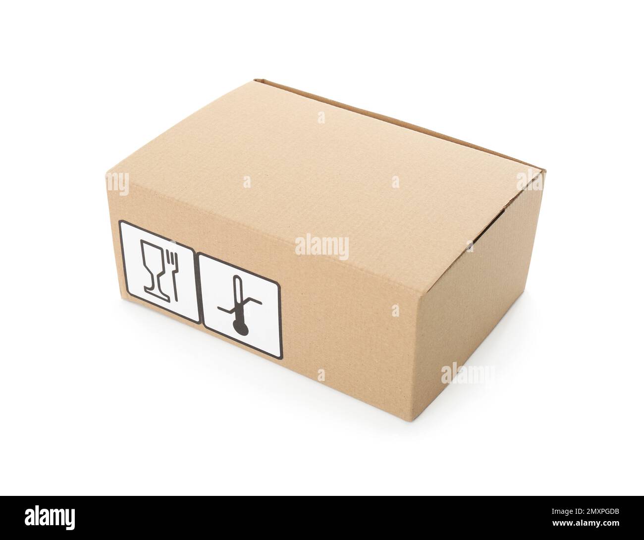 Cardboard box with different packaging symbols isolated on white ...