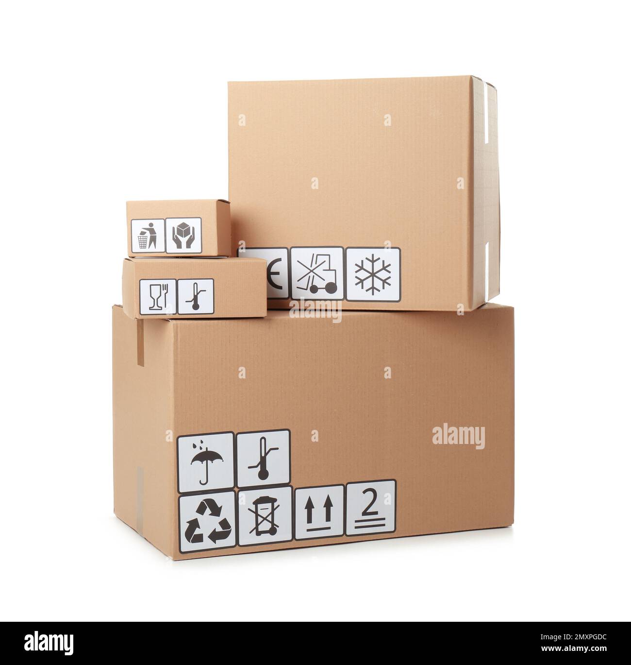 Cardboard boxes with different packaging symbols on white background ...