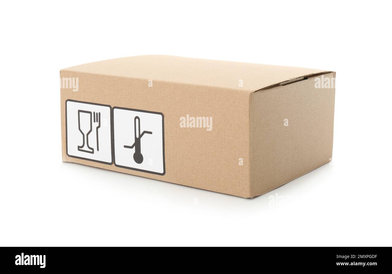Cardboard box with different packaging symbols isolated on white ...