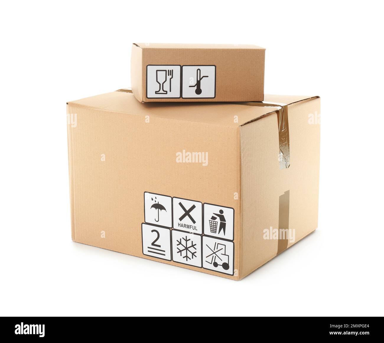 Cardboard boxes with different packaging symbols on white background ...