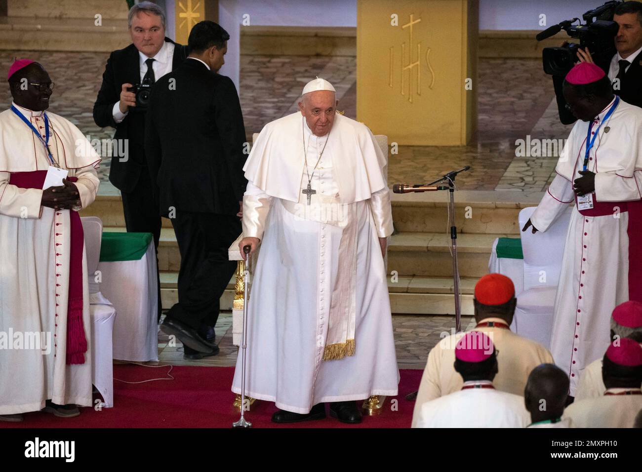 Pope Francis arrives to address clergy at the St. Theresa Cathedral in ...