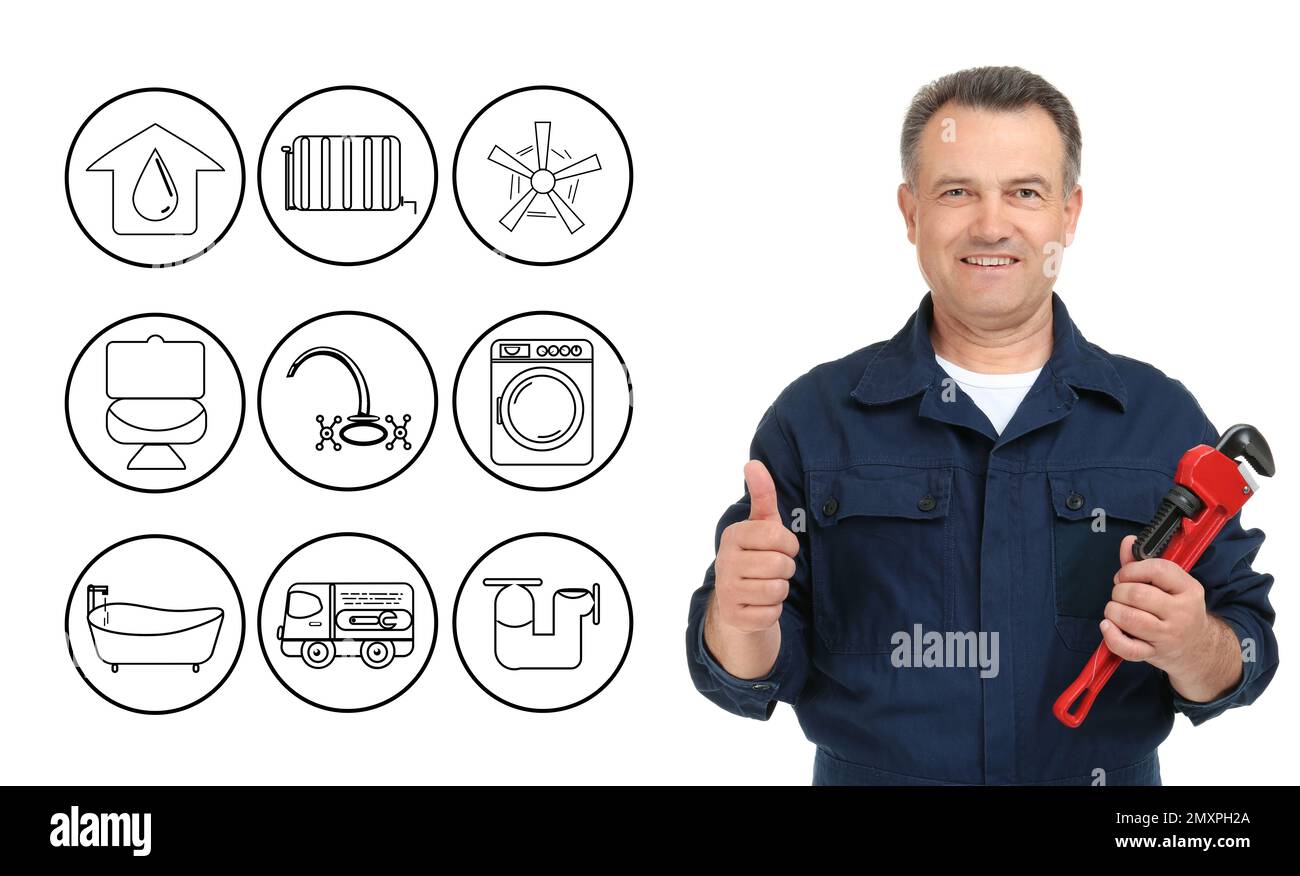 Sanitary engineering service. Professional plumber with pipe wrench on ...