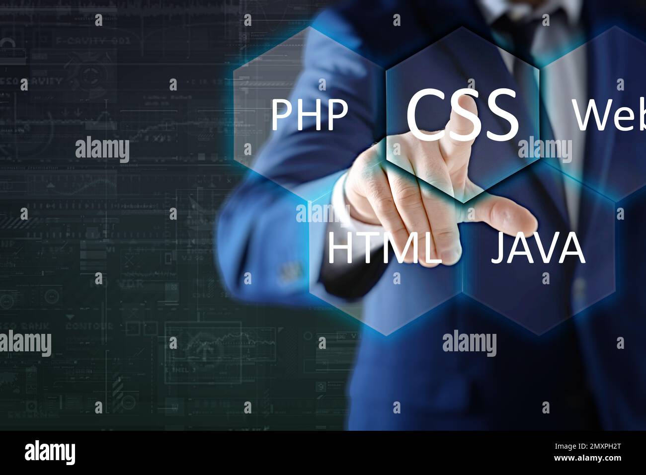Web development. Man using button CSS on virtual screen, closeup Stock ...